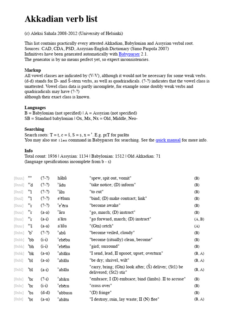 Akkadian Verbs by Root | PDF | Linguistics