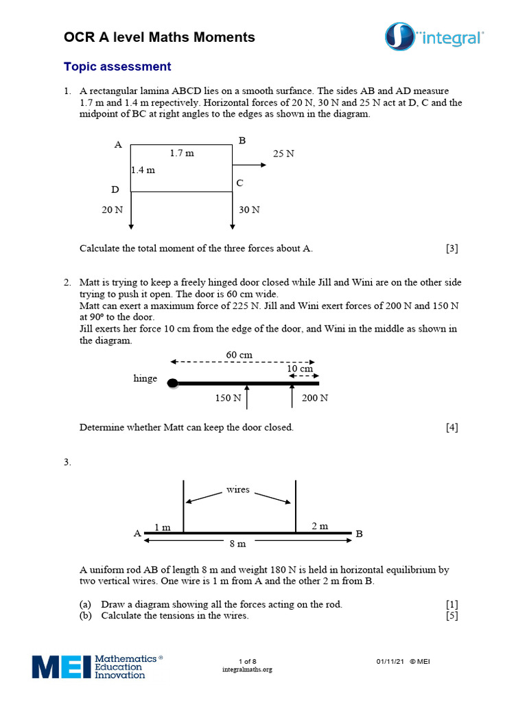 OCR A Level Maths Moments Integral Maths Topic Assessment | PDF | Force ...