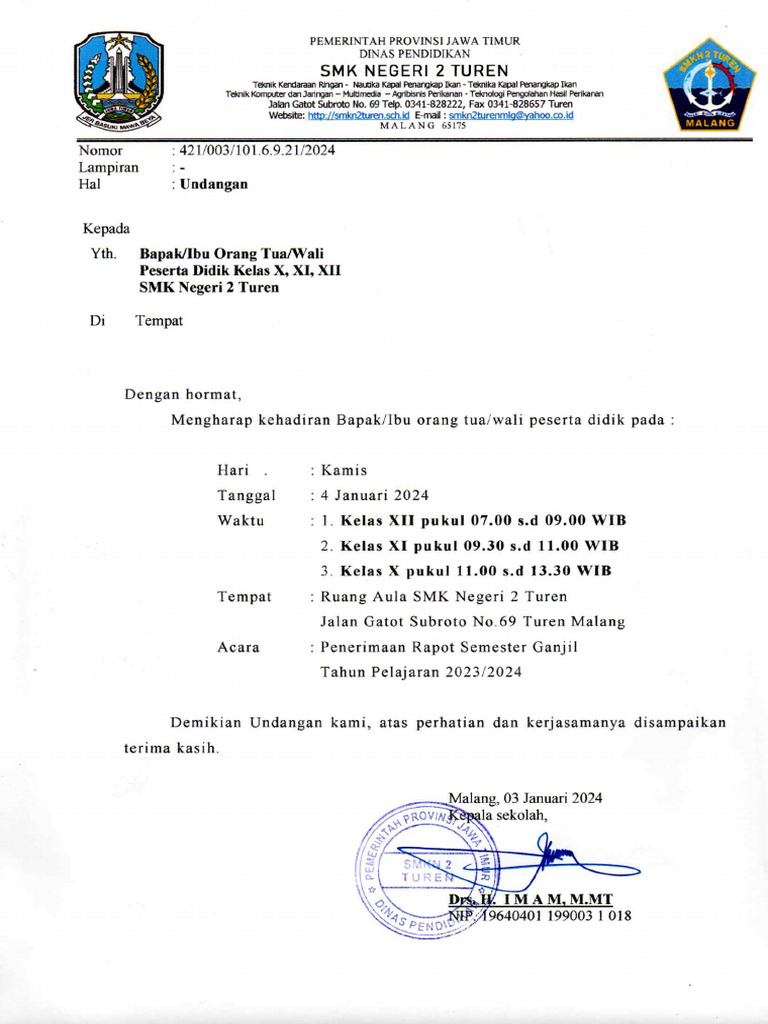 Undangan Penerimaan Rapor Semester Ganjil 2023 | PDF