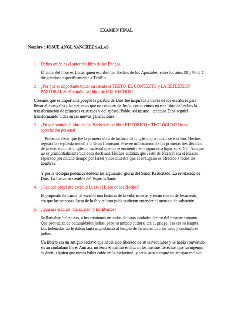 Examen Final Hechos | PDF | Evangelio De Lucas | Hechos de los apóstoles