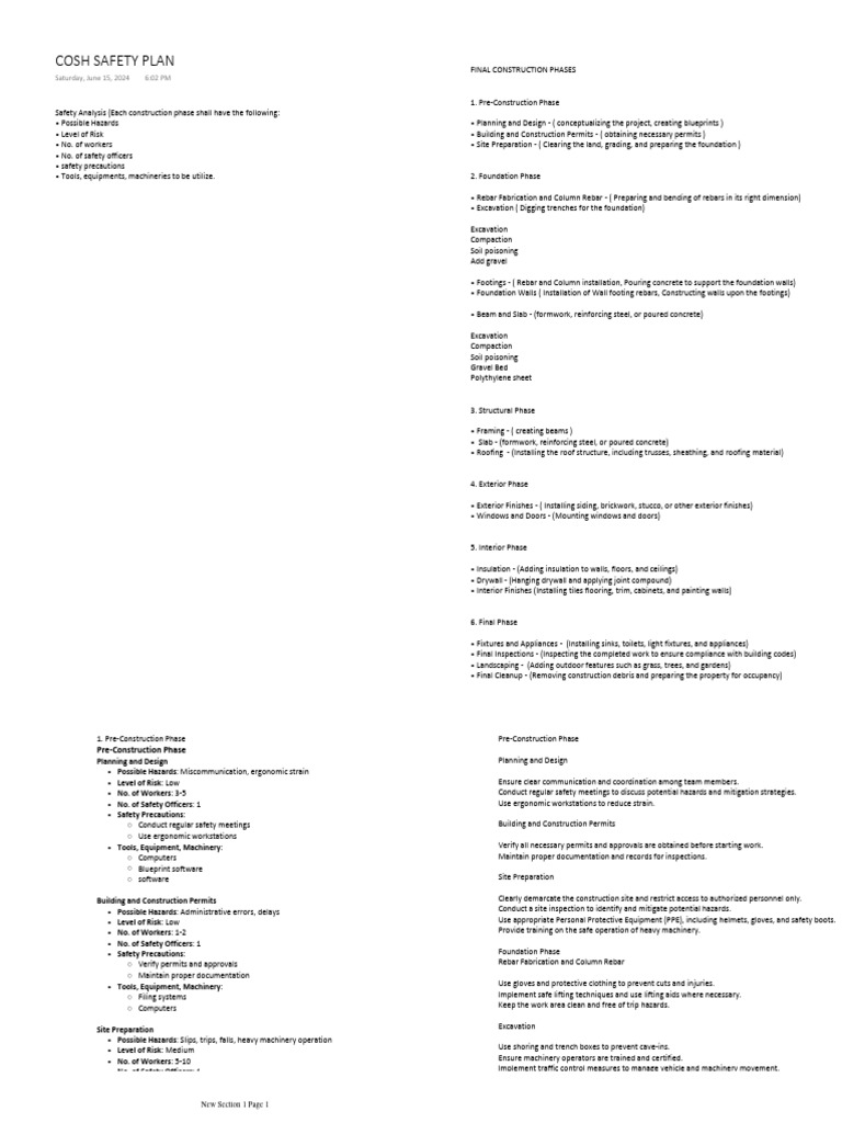 COSH SAFETY PLAN | PDF | Personal Protective Equipment | Concrete