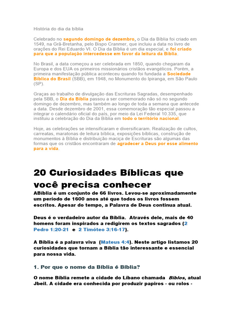História Do Dia Da Bíblia | PDF | Bíblia | Salmos