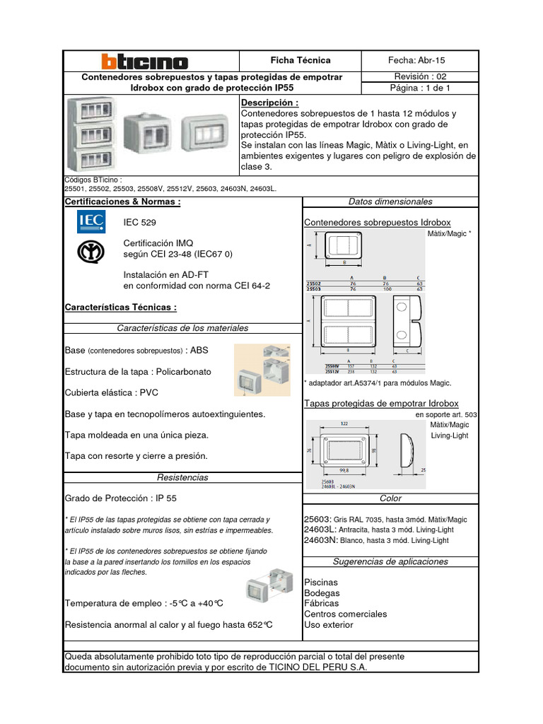 Ficha Técnica Idrobox IP55 | Descargar gratis PDF | Materiales