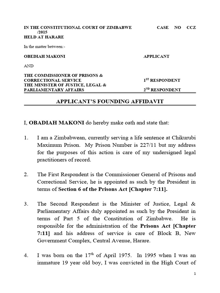 Applicant's Founding Affidavit in Makoni v The Commissioner of Prisons and Another | PDF | Life ...