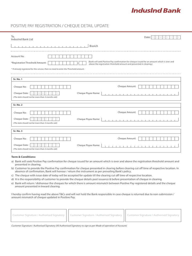 IndusInd Bank Positive Pay Registration Form | PDF | Cheque | Banking