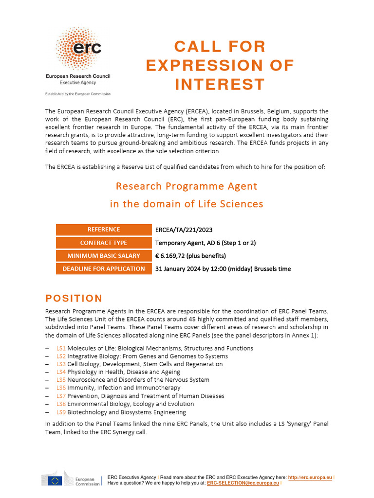 ERCEA TA 221 2023 Call For Expression of Interest | PDF | European Union | Physiology