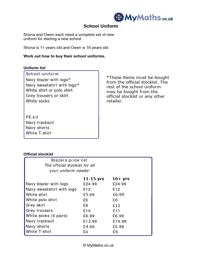 Worksheet For Math Problem Solving: SchoolUniform | PDF | Uniforms ...