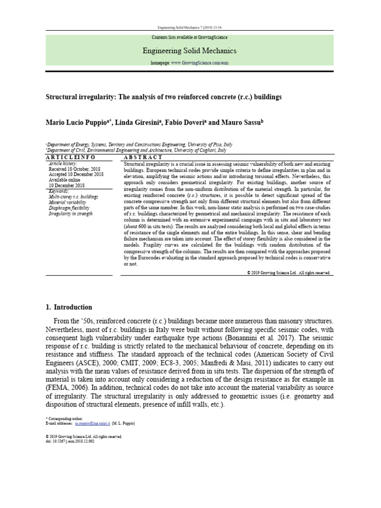 Engineering Solid Mechanics: Structural Irregularity: The Analysis of Two Reinforced Concrete (R ...