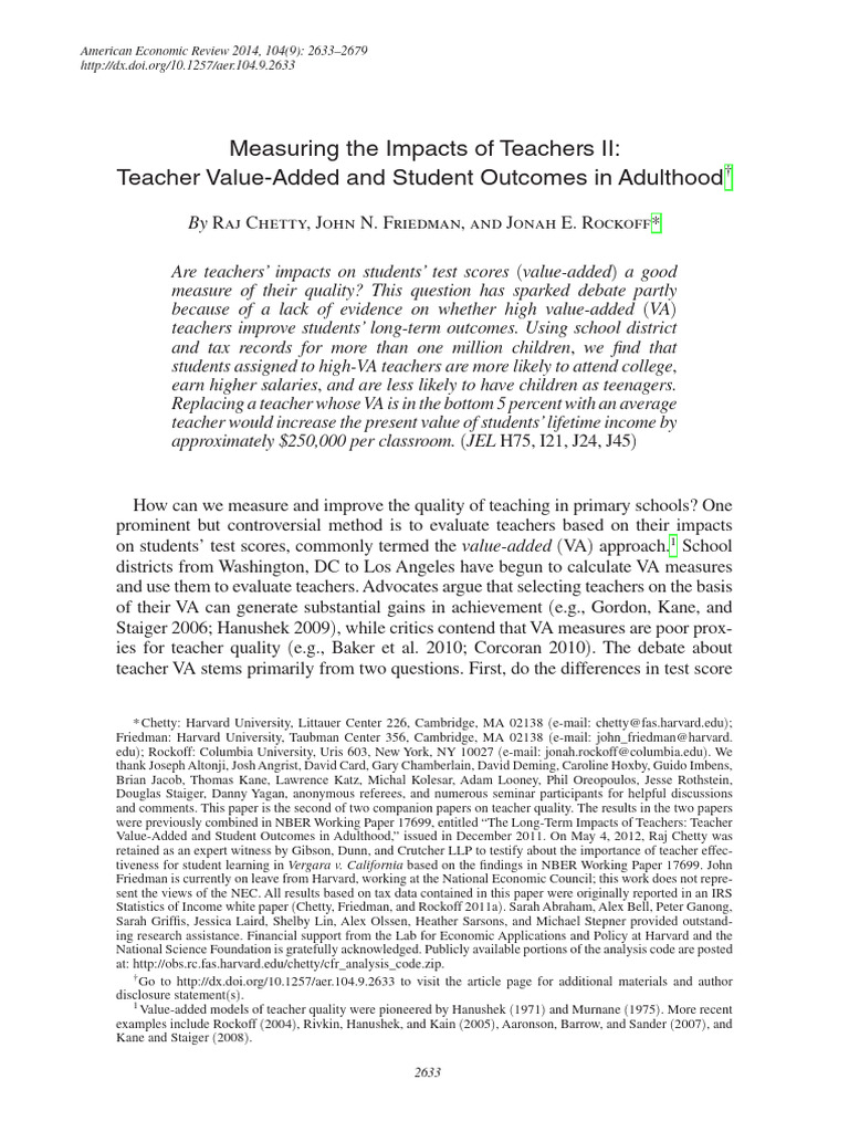 Chetty Et Al 2014 Measuring The Impacts of Teachers II Teacher Value Added and Student Outcomes ...