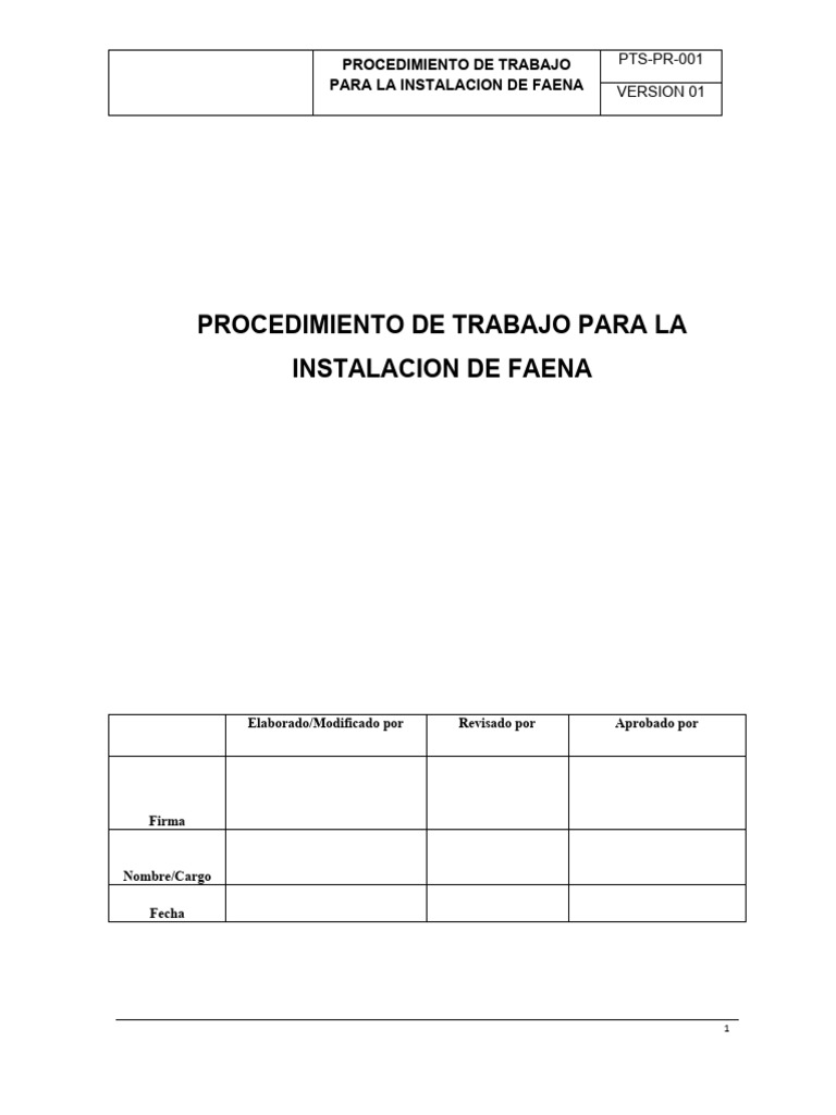 1.-Proced. Instalación de Faena PTS-PR-001 | PDF