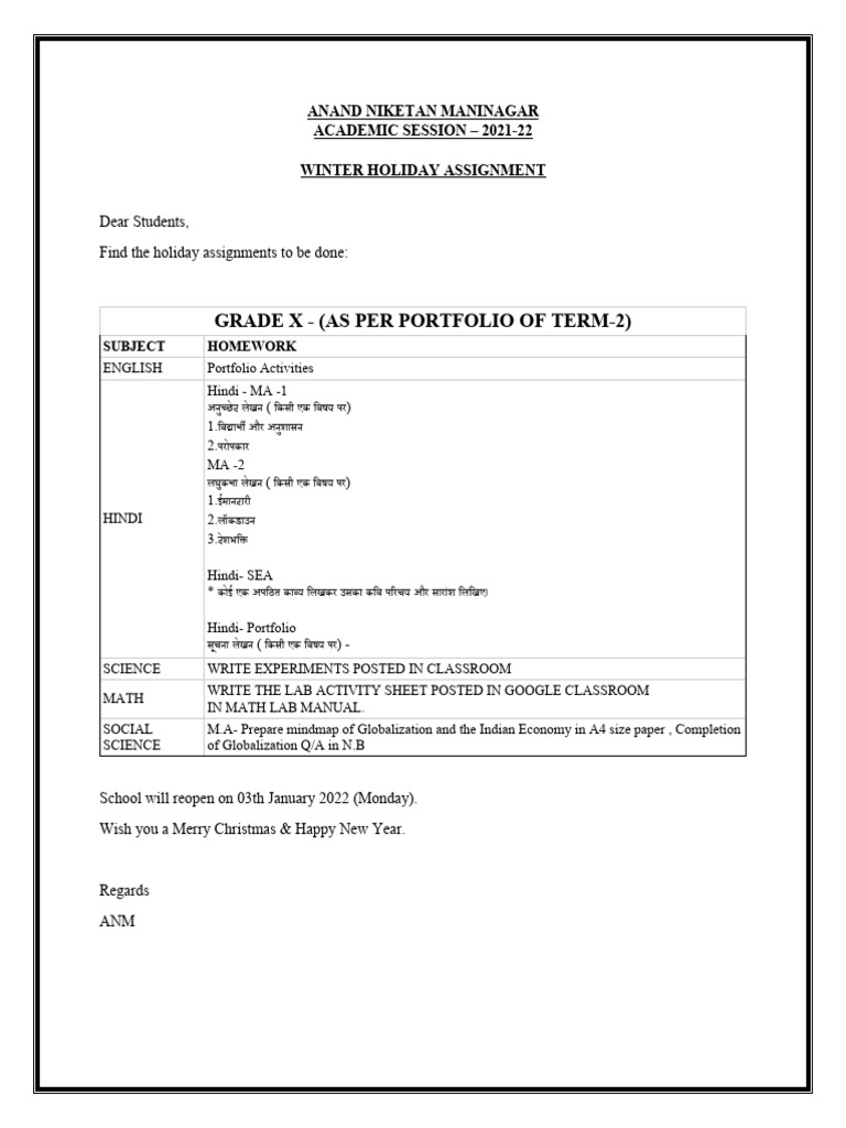 Grade X - (As Per Portfolio of Term-2) : Dear Students, Find The Holiday Assignments To Be Done ...