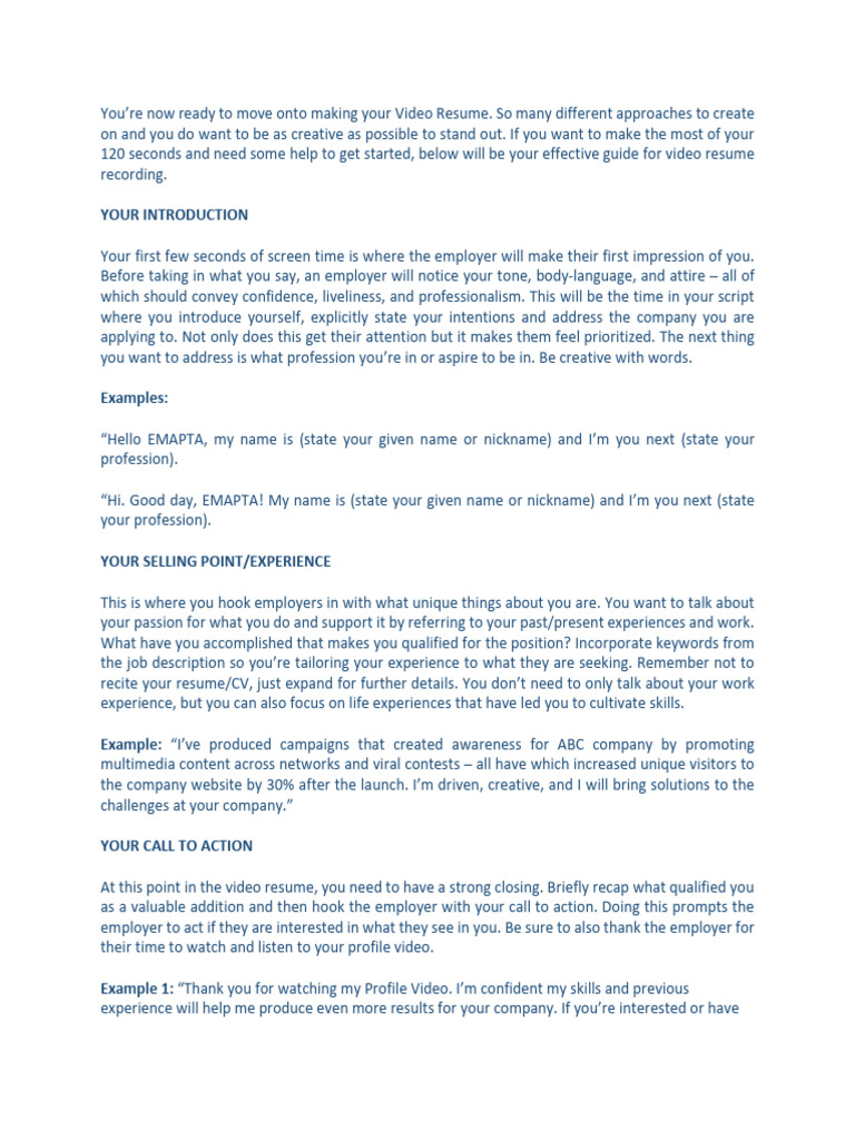 EMAPTA Video Resume Recording Guide_2024 | Download Free PDF ...