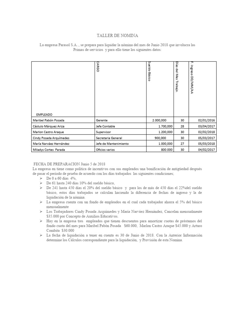 Ejercicio de Nomina, Diplomado | PDF