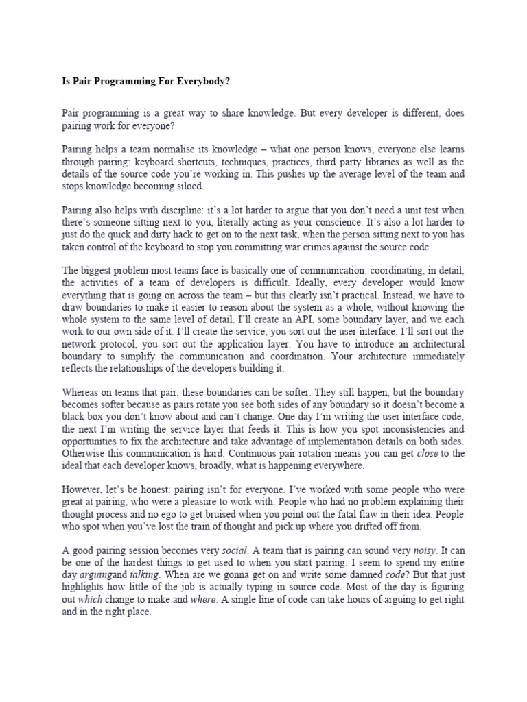 Pair Programming: Pros and Cons | PDF | Extraversion And Introversion | Computer Programming