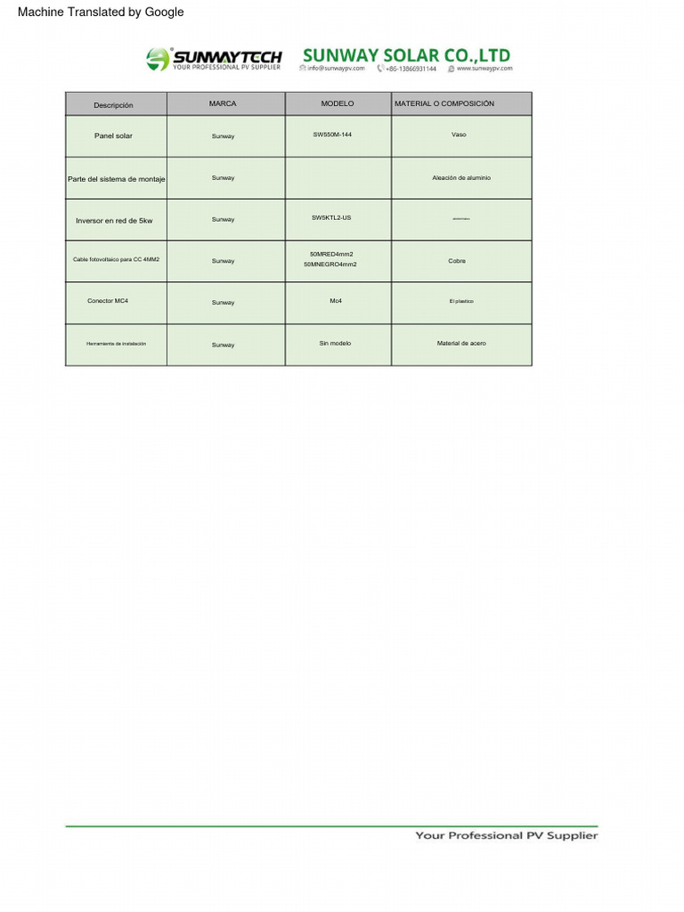 Sunway Solar System Data Sheet | PDF | Tecnología