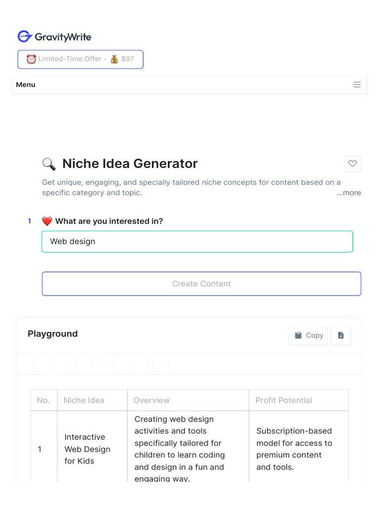 Niche Idea Generator - GravityWrite | PDF | Web Design | World Wide Web