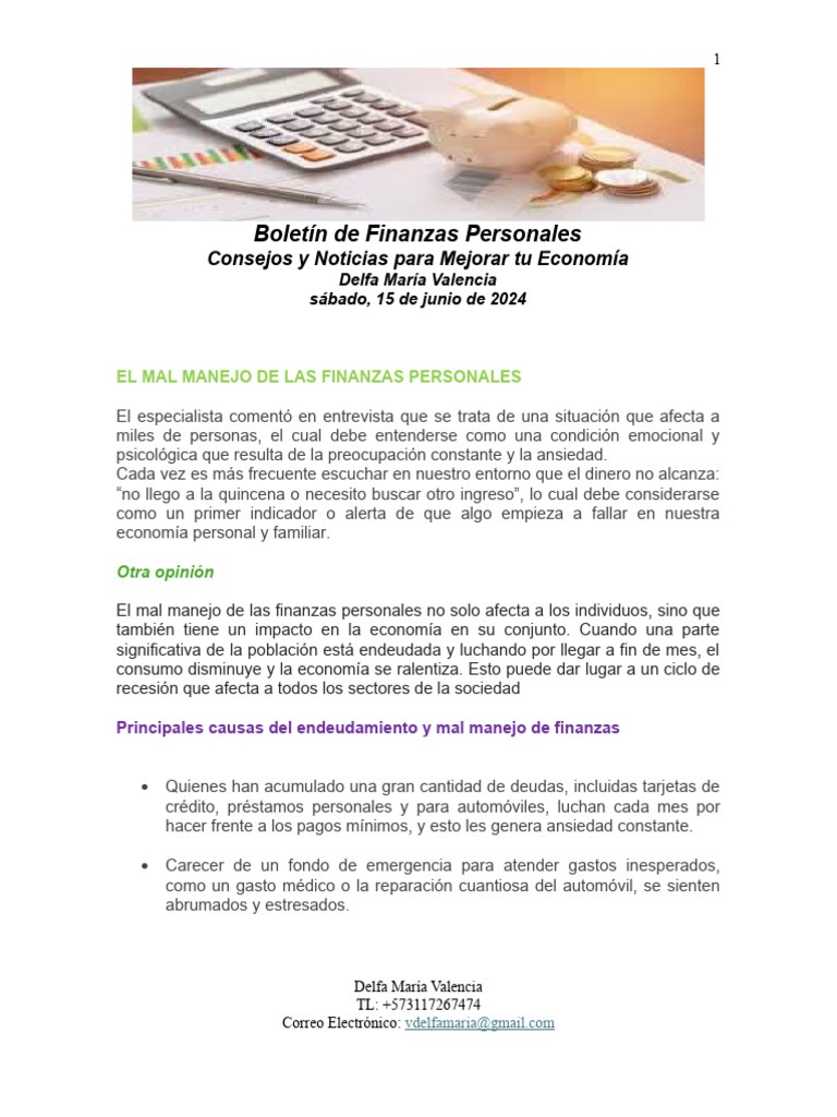 Ejercicio Trabajado en Clase El Mal Manejo de Las Finanzas Personales | Descargar gratis PDF ...