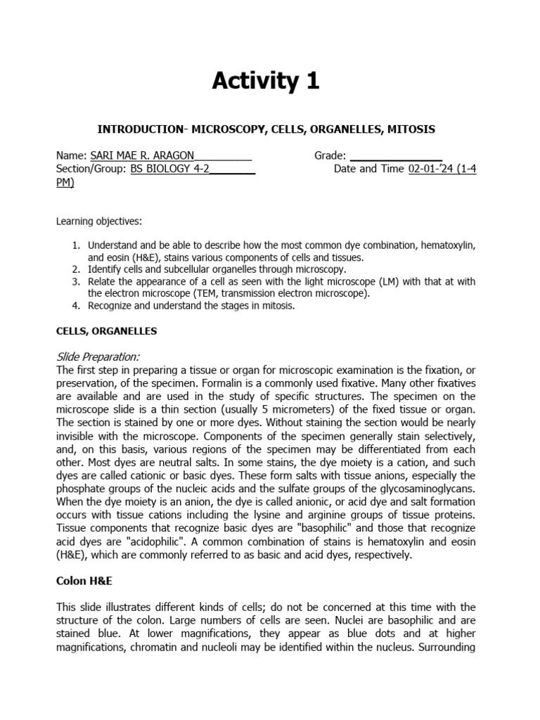 1.0 Activity#1_INTRODUCTION- MICROSCOPY, CELLS, ORGANELLES, MITOSIS. RPAlili | PDF | Microscope ...