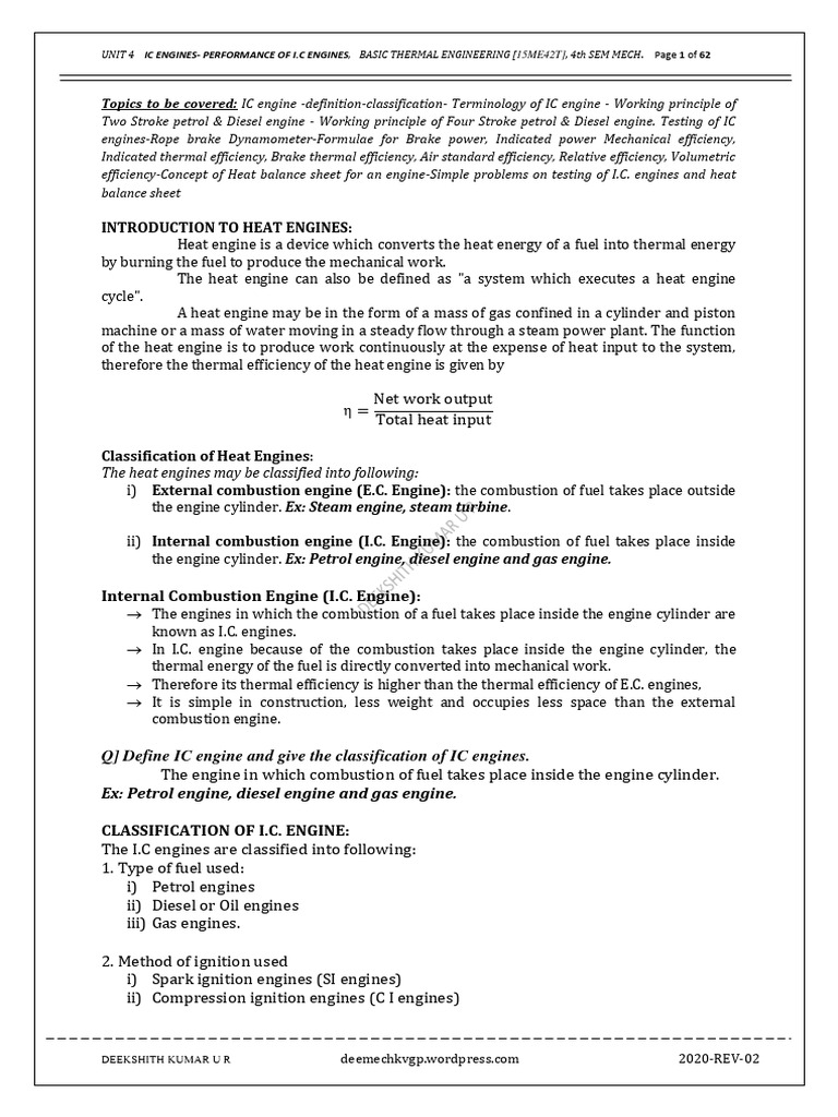 Thermal Unit 4 Ic Engines - Performance of I.C Engines - 2020-Rev-02 ...
