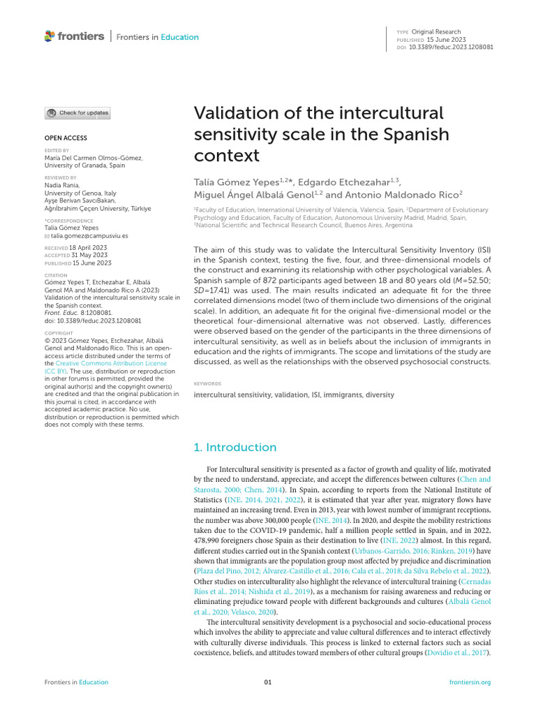 Validation of The Intercultural Sensitivity Scale in The Spanish Context | PDF | Cross Cultural ...