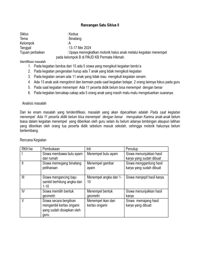 Tugas 1 Rancangan Satu Siklus II PKP Dini | PDF | Karier & Perkembangan | Seni & Disiplin Bahasa