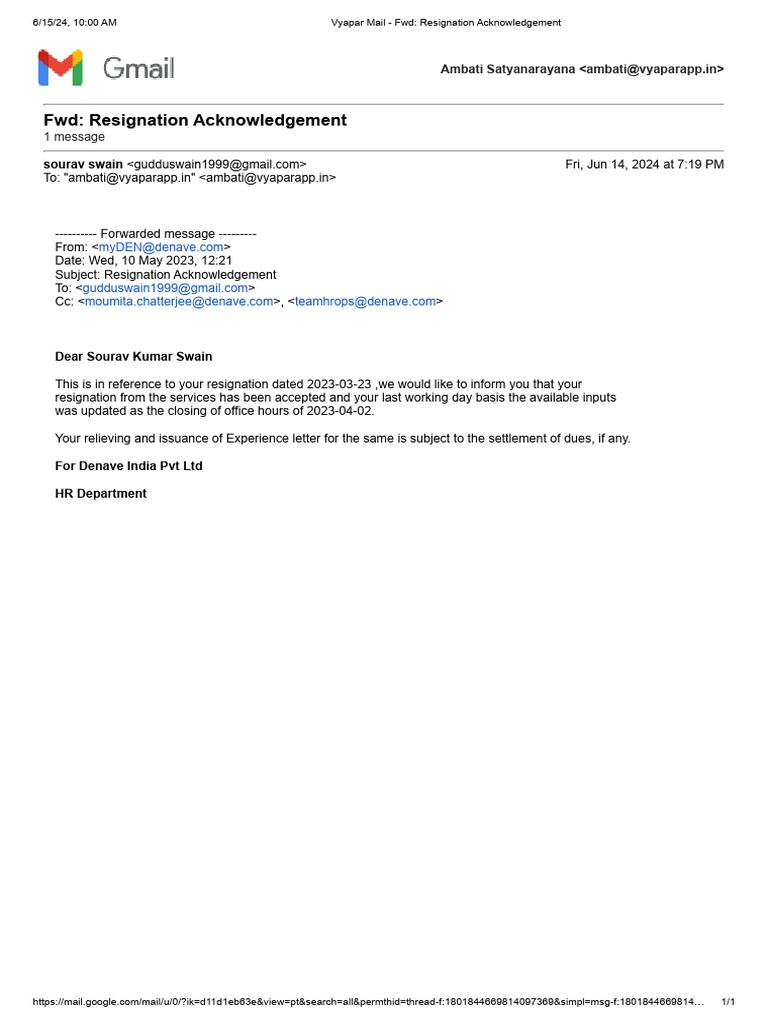 FWD - Resignation Acknowledgement - Sourav Swain | PDF