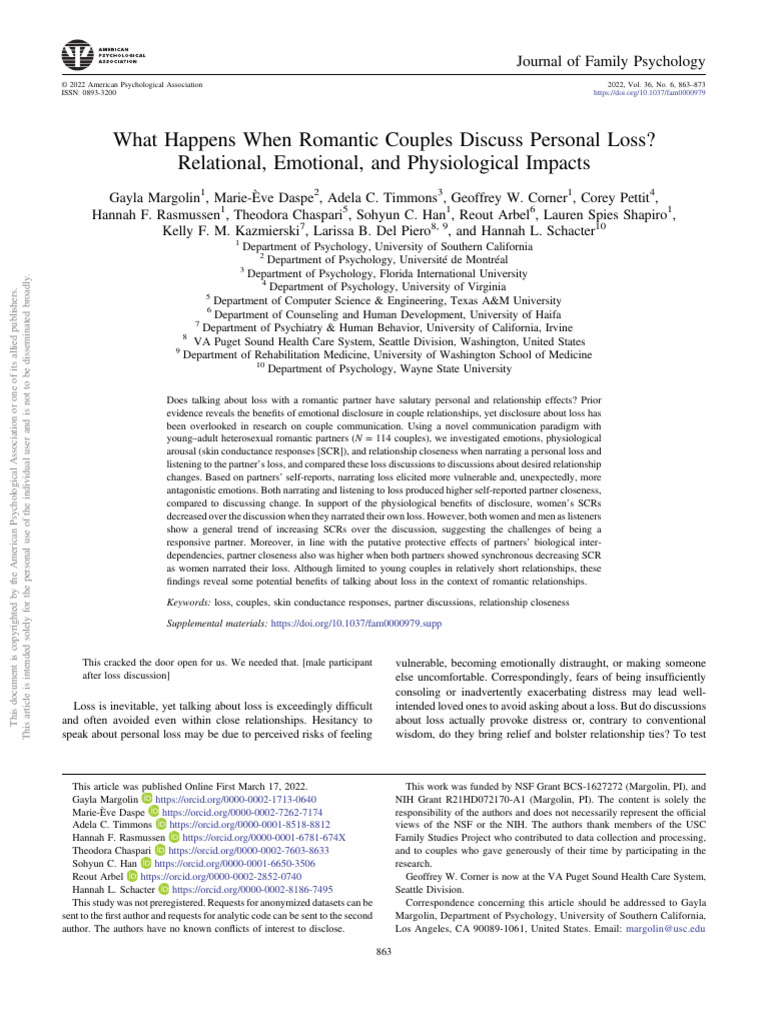 What Happens When Romantic Couples Discuss Personal Loss? Relational ...