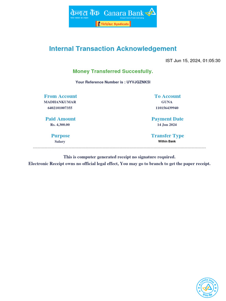 Internal Transaction Acknowledgement: Money Transferred Succesfully | PDF