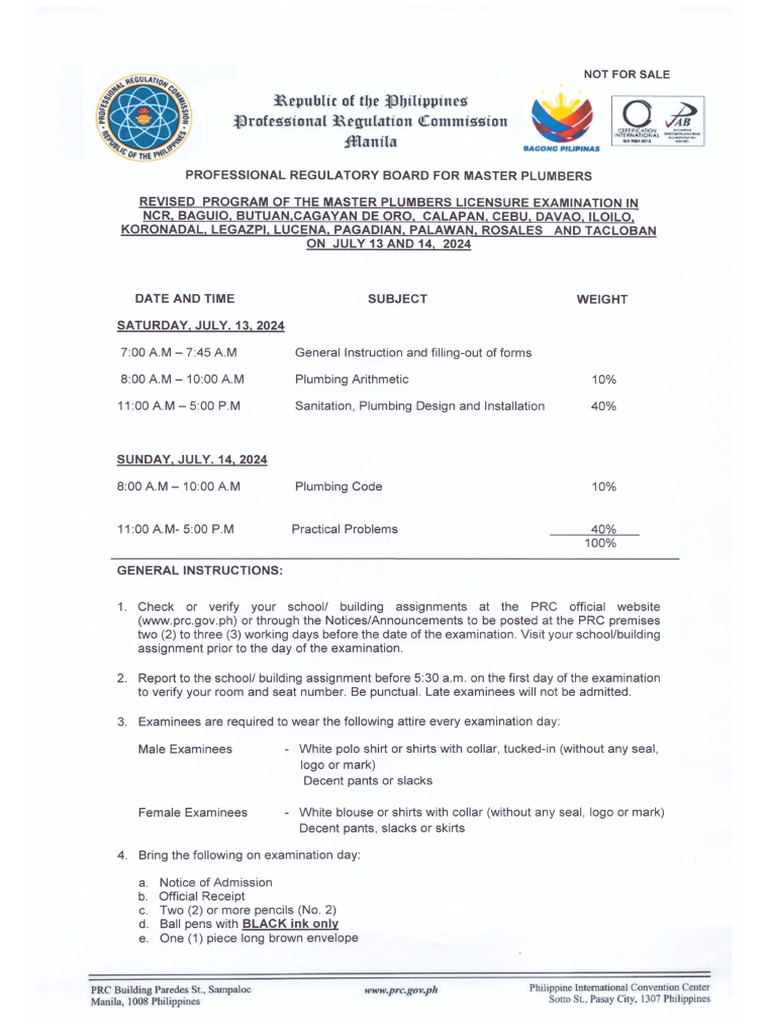 Revised Exam Program Master Plumber 2024 | PDF