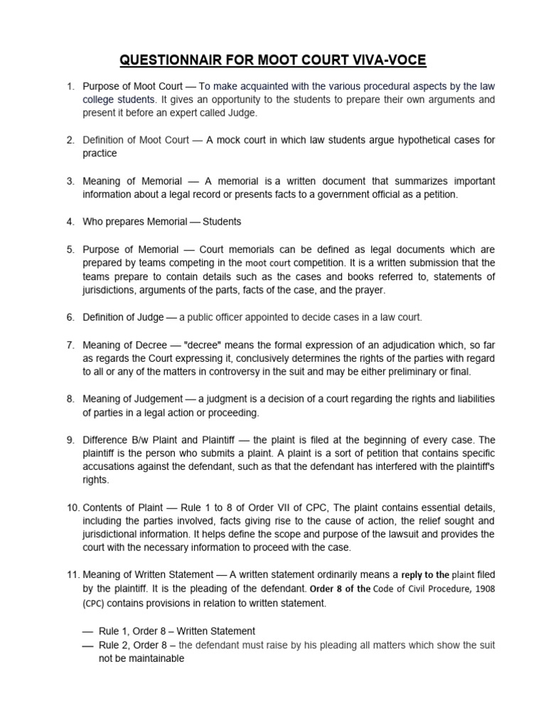 Moot Court Viva-Voce Questionnaire Guide | PDF | Lawsuit | Pleading
