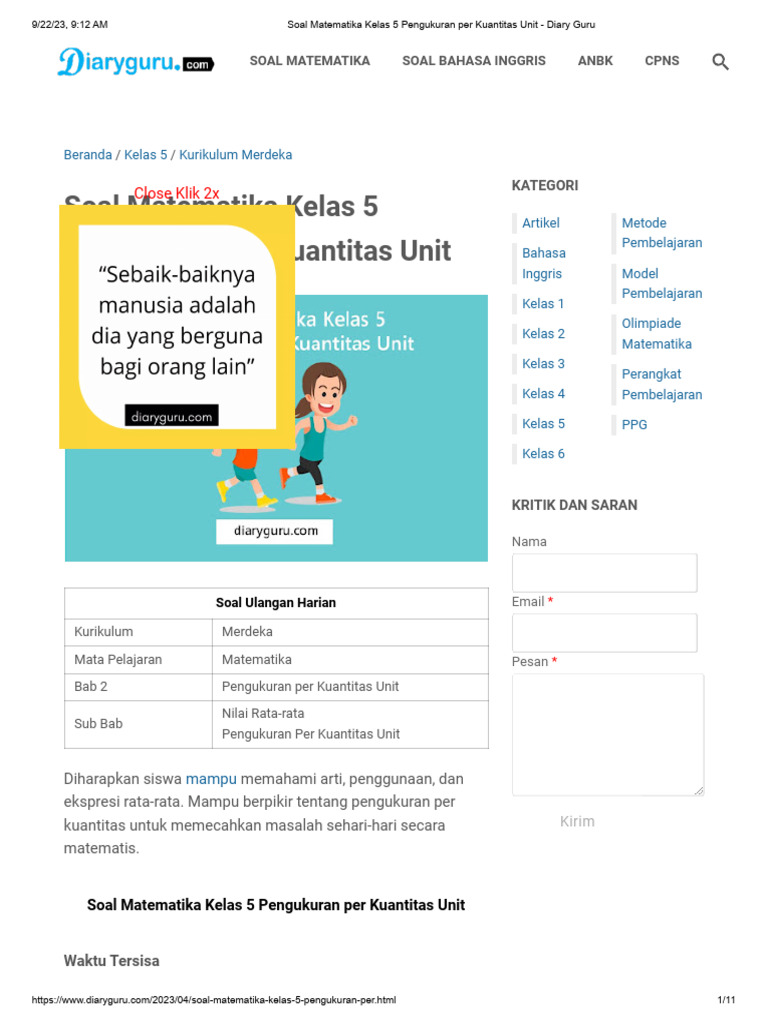 Soal Matematika Kelas 5 Pengukuran per Kuantitas Unit - Diary Guru | PDF