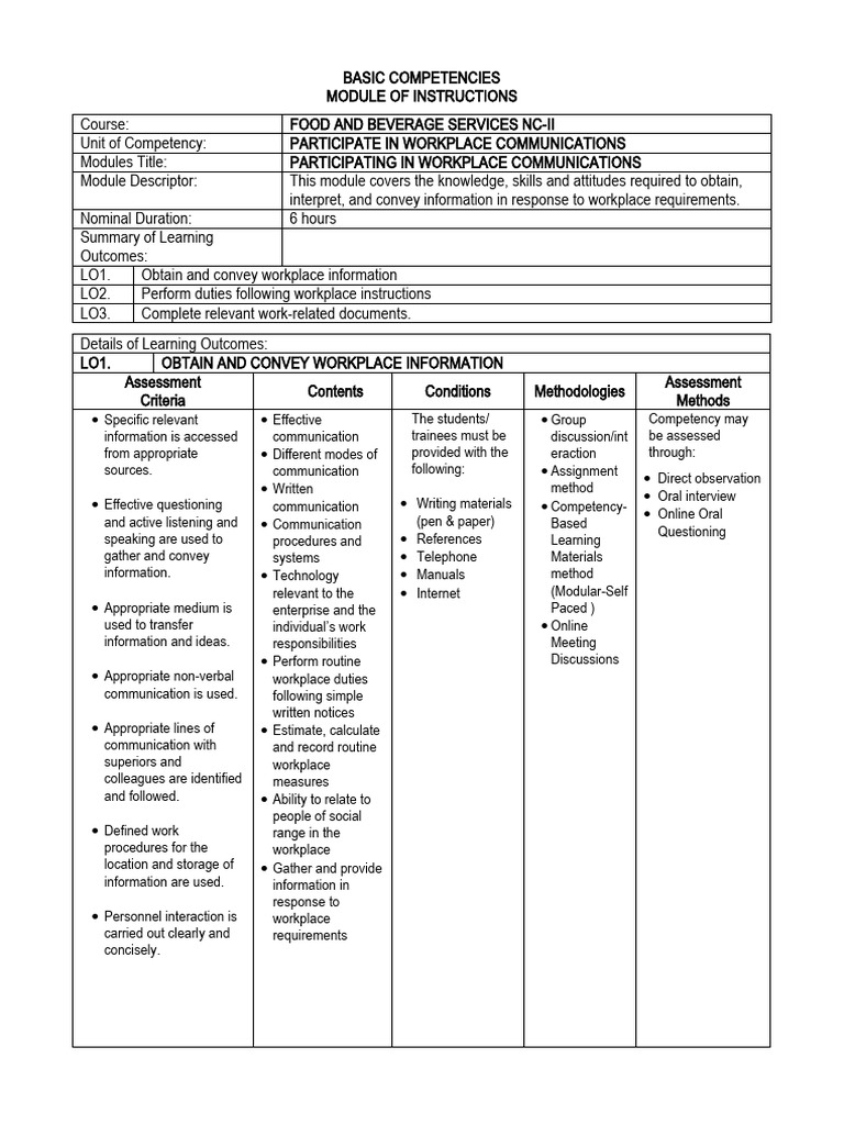 Cbc Module Of Instruction Basic 1 Pdf Communication Information