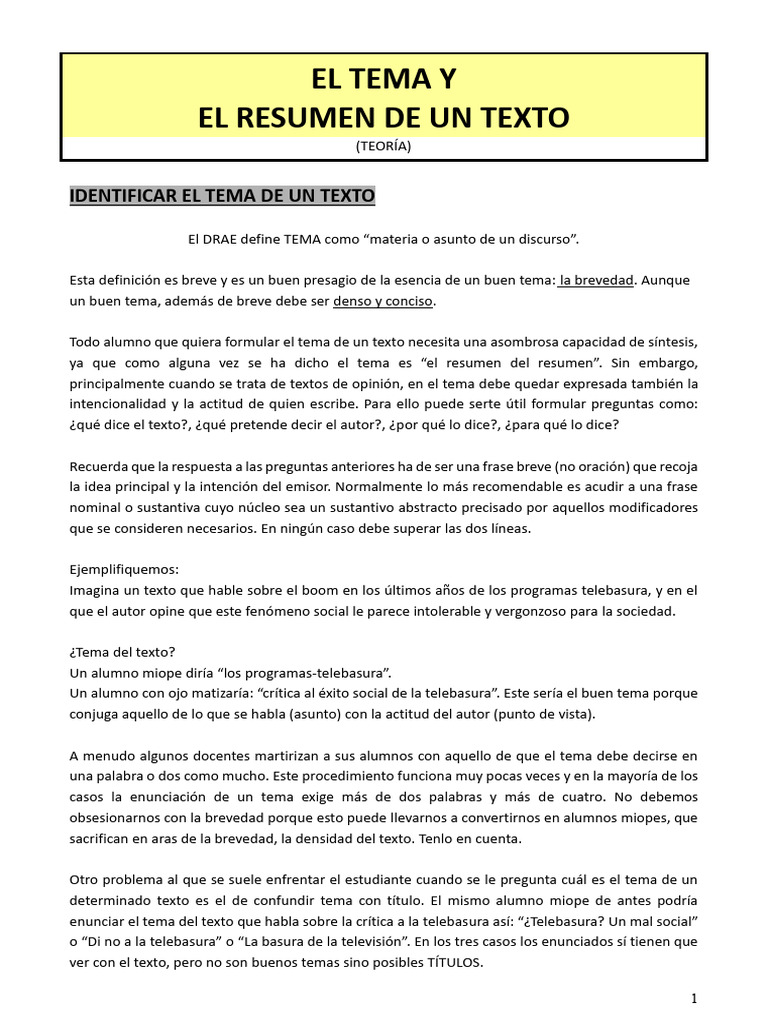 El Tema y El Resumen. Teoría y Práctica | PDF | Amor | Verbo