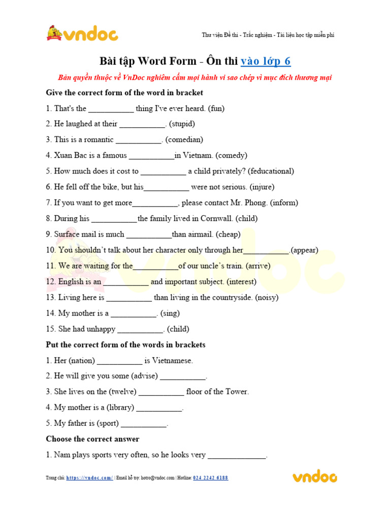 Bai Tap Word Form On Thi Vao Lop 6 | PDF | Vietnam
