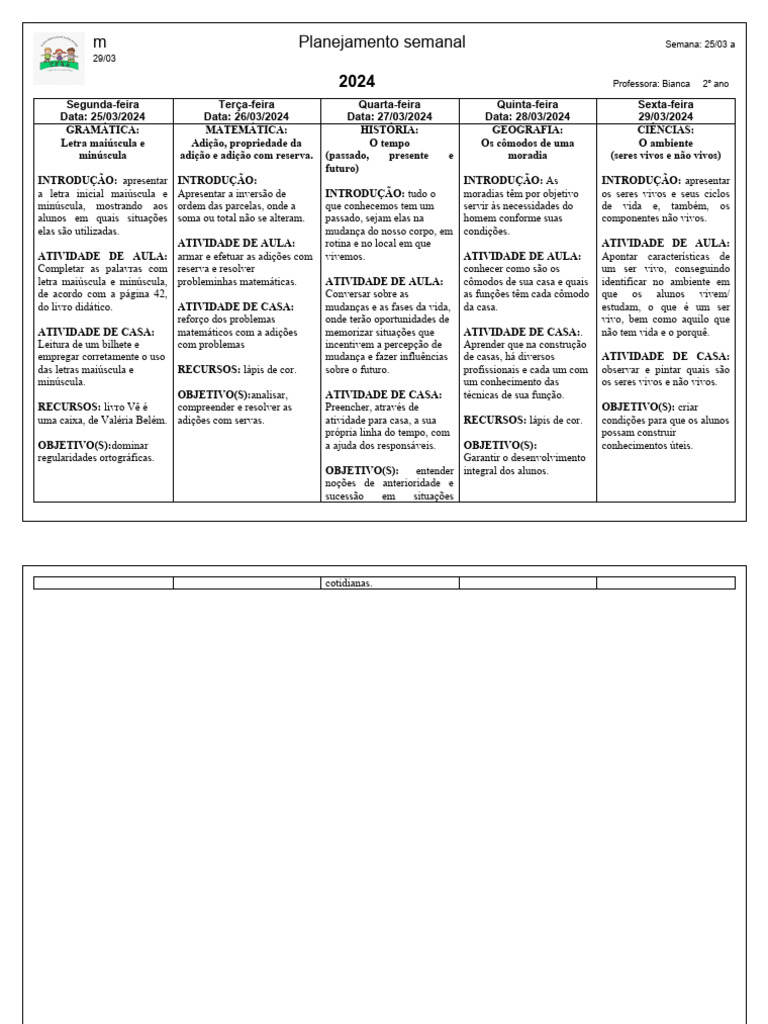 Planejamento de Aula 2024 (1 A 5 de Abril) | Download grátis PDF ...