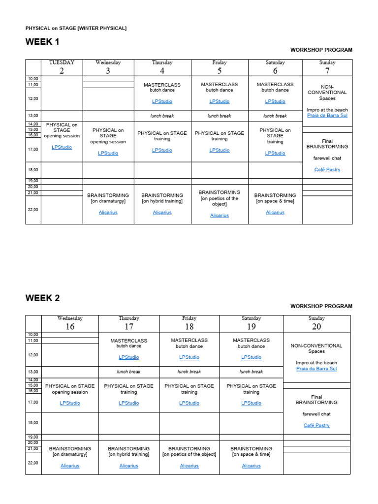 Winter Physical on Stage Workshop Schedule | PDF