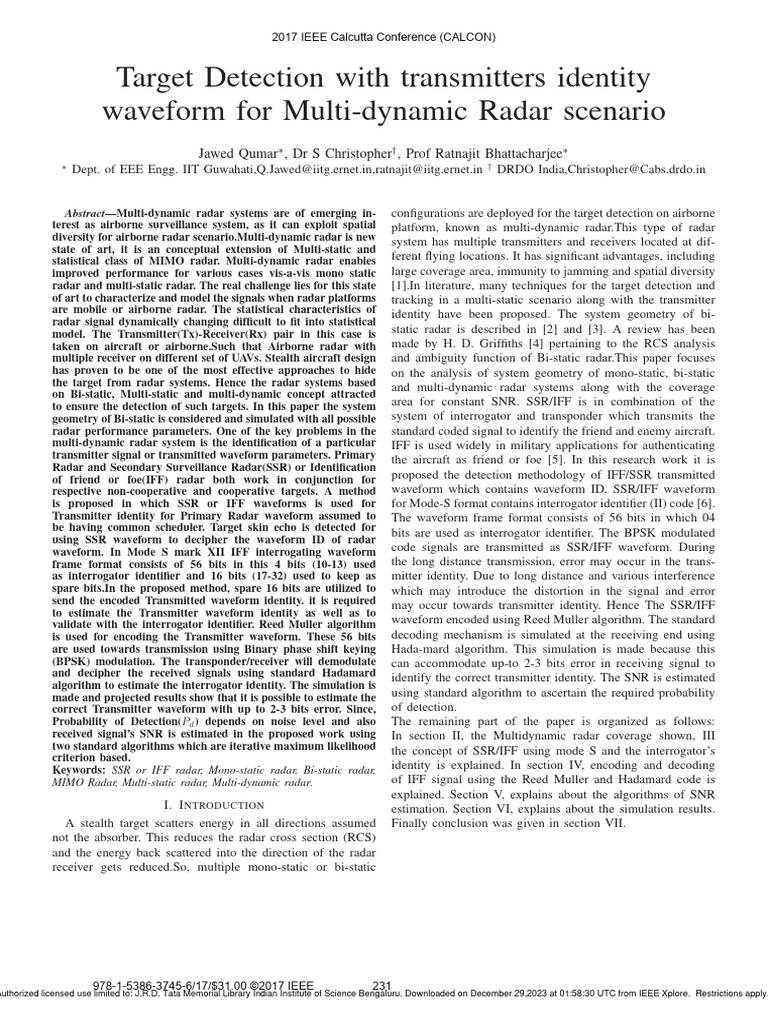 Target Detection With Transmitters Identity Waveform For Multi-Dynamic Radar Scenario | PDF ...