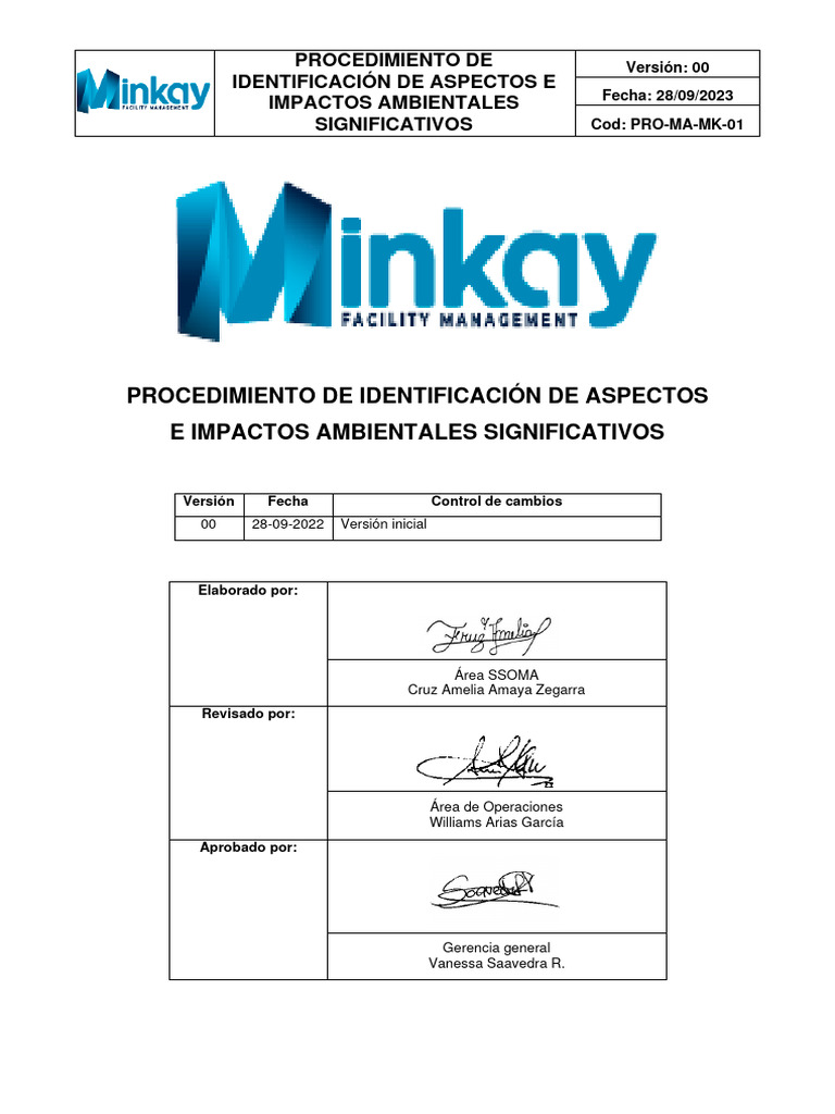Procedimiento de Identificación de Aspectos e Impactos Ambientales Significativos - Minkay FM ...