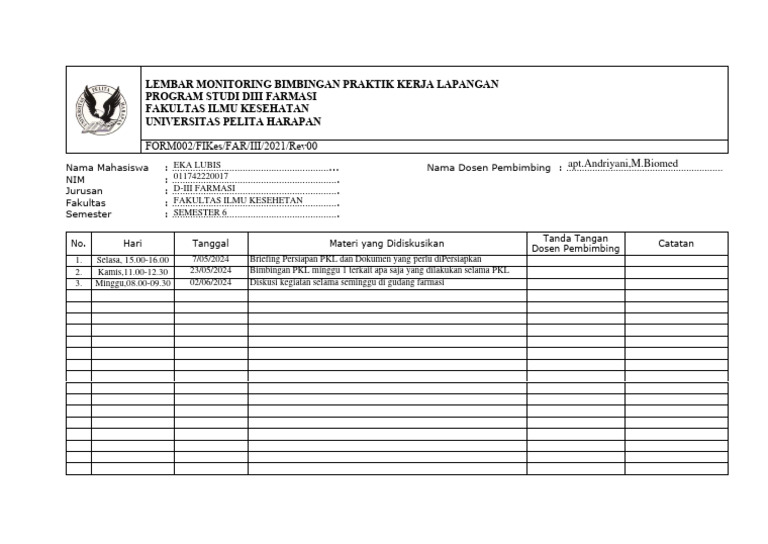 Monitoring PKL DIII Farmasi UPH | PDF