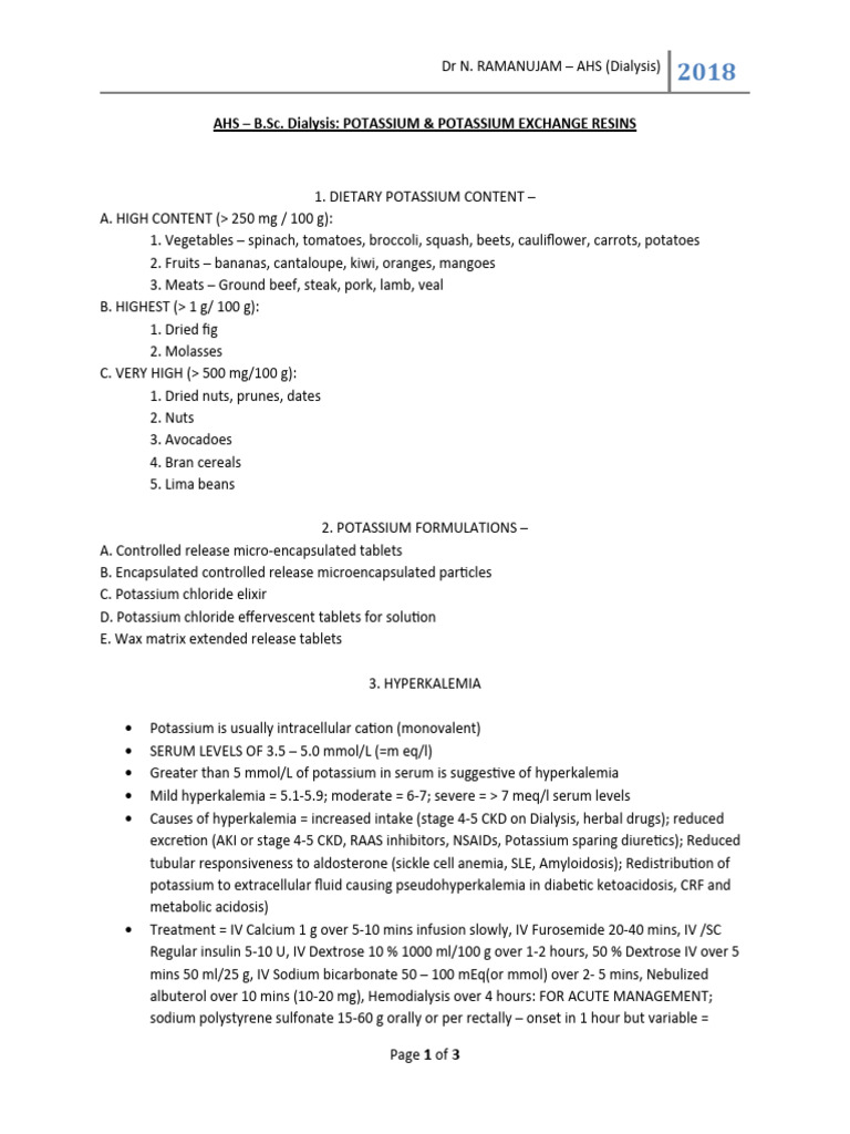 POTASSIUM Dialysis AHS | PDF | Potassium | Chemistry