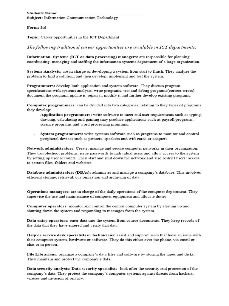 Careers in ICT Departments | PDF | World Wide Web | Internet & Web