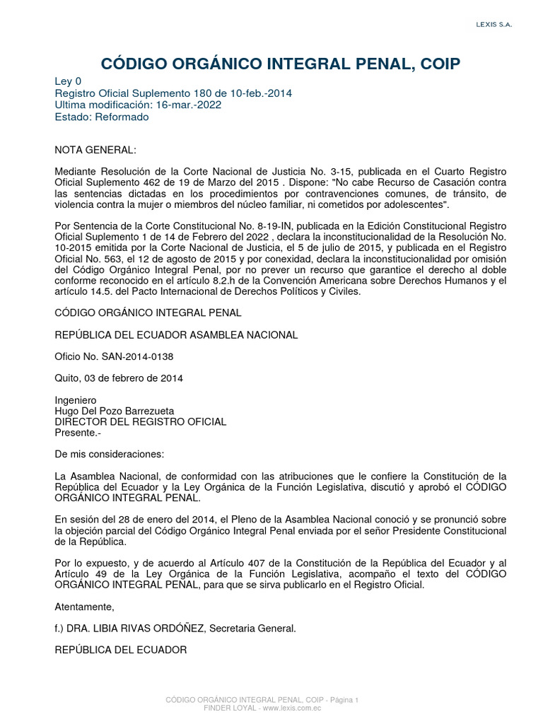 Codigo Organico Integral Penal | PDF | Derecho penal | Judicaturas