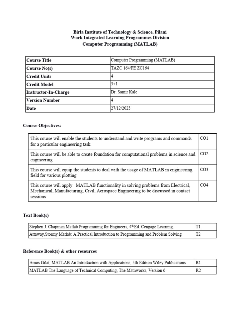 Ta ZC164 Course Handout | Download Free PDF | Matlab | Computer Programming