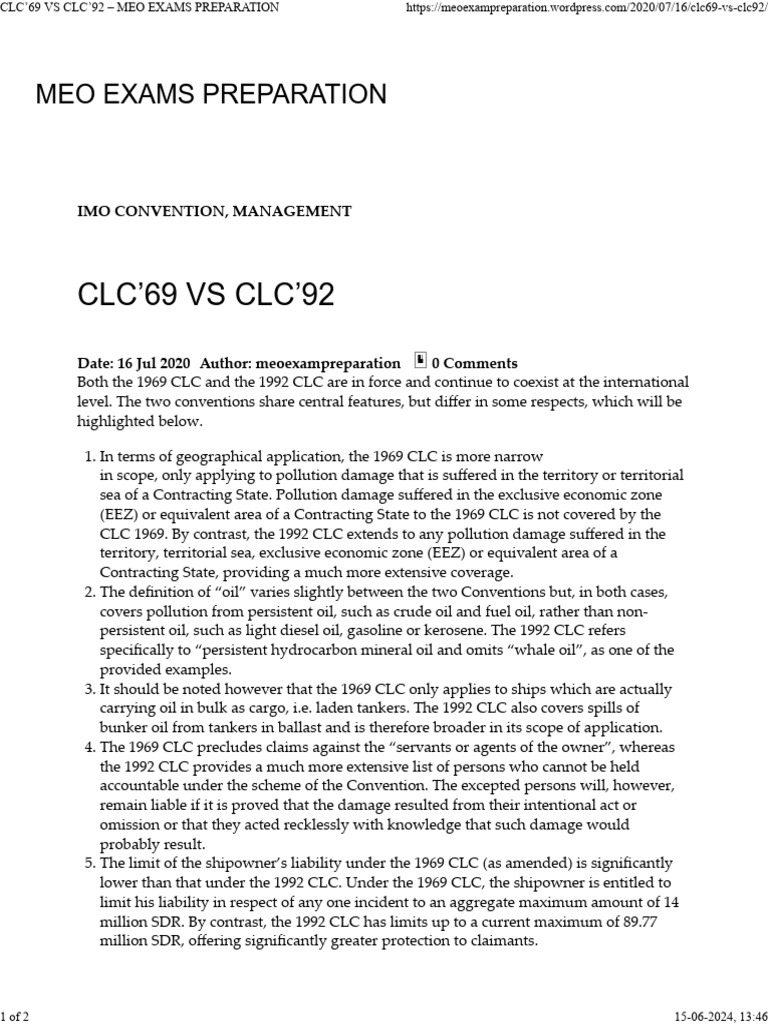 CLC'69 VS CLC'92 - Meo Exams Preparation | PDF | Petroleum | Oil Tanker