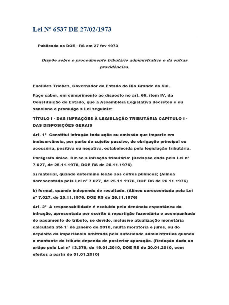 Lei #6537 DE 27 - MULTAS FISCAIS | PDF | Taxa de crédito | Impostos