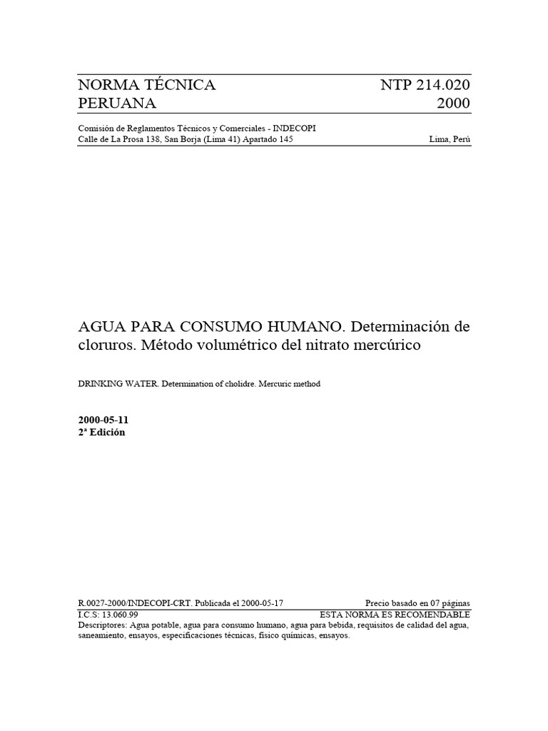 Norma Técnica NTP 214.020 Peruana 2000: 2000-05-11 2 Edición | PDF | Cloruro | Mercurio (Elemento)