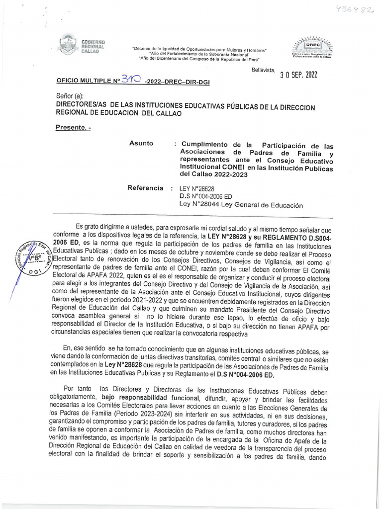 Oficio Multiple N 310-2022-Drec-Dir-Dgi PDF | PDF