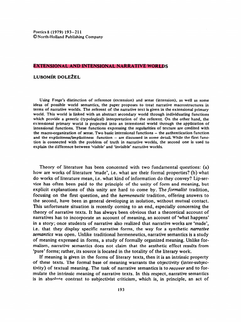 DOLEZEL, Lubomir, Extensional and Intensional Worlds | PDF | Truth | Semantics
