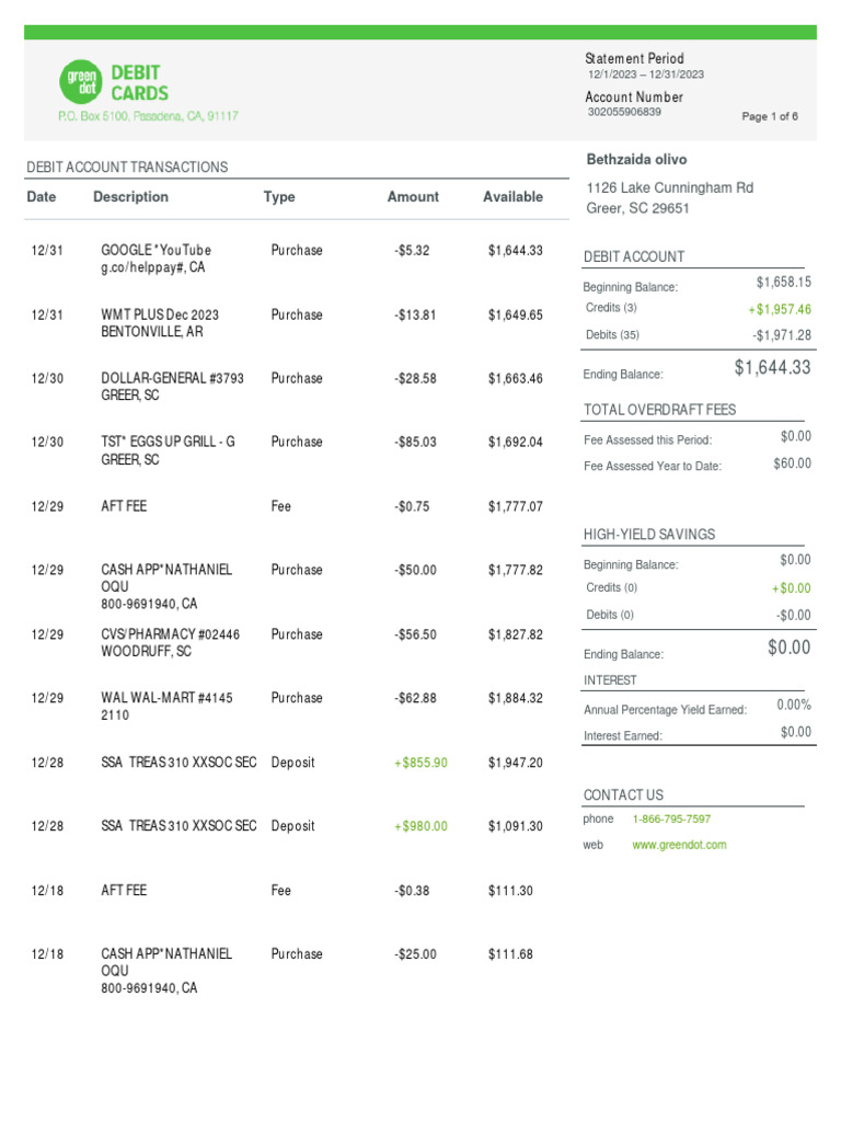 Green Dot StatementPDF 31700814 | PDF | Credit Card | Debit Card