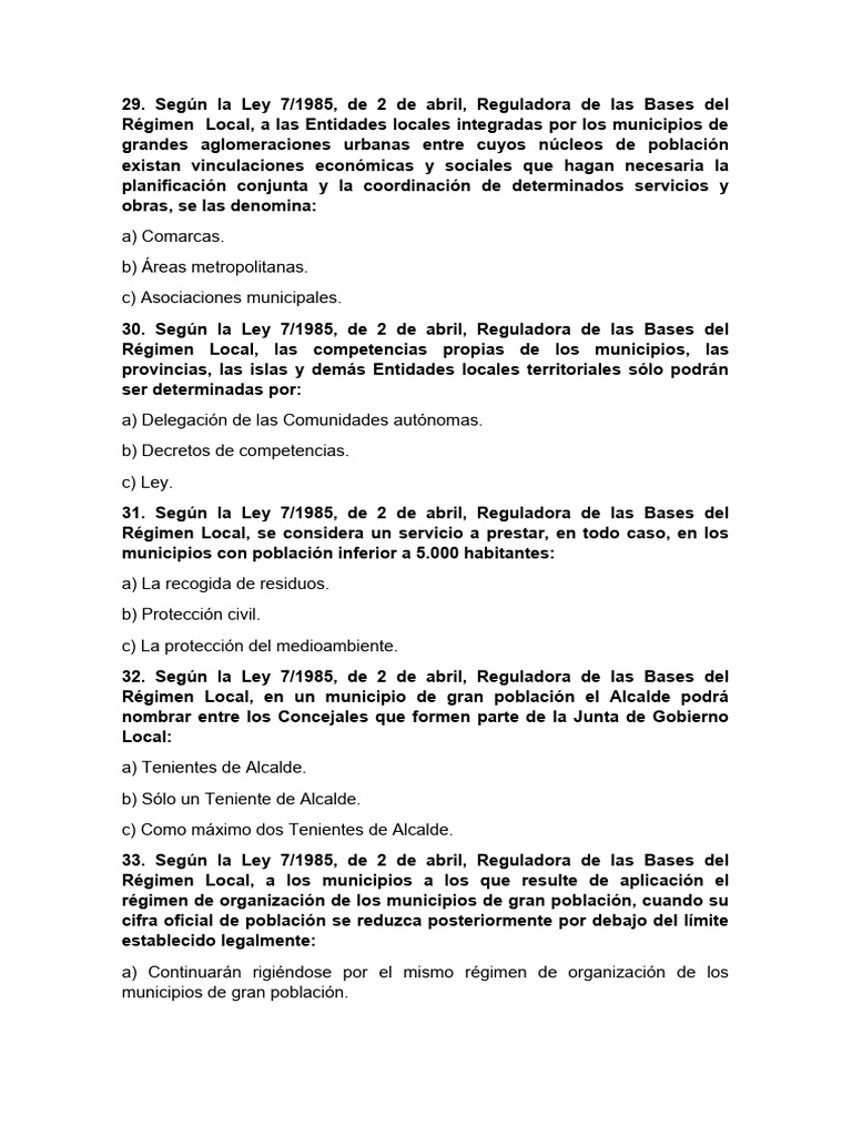 Test Ley 7-1985 Bases de Régimen Local | PDF | Gobierno local | Alcalde
